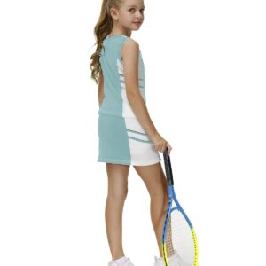 Girls Tennis Athletic Outfit Set Sports Color Block Casual Tank Top Golf Skirt Built in Shorts Light Green 6-7 Years