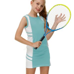 Girls Tennis Athletic Outfit Set Sports Color Block Casual Tank Top Golf Skirt Built in Shorts Light Green 6-7 Years