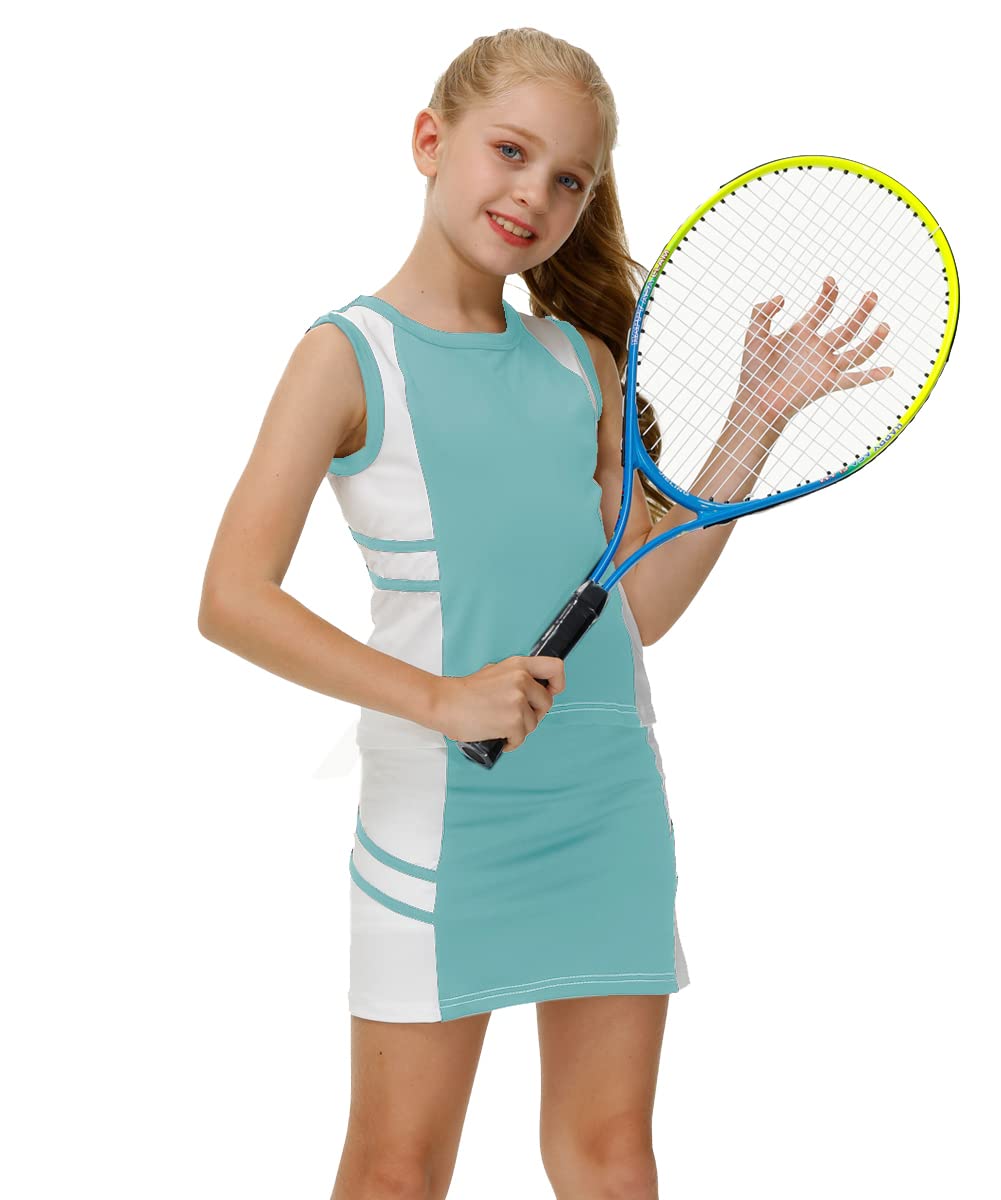 Girls Tennis Athletic Outfit Set Sports Color Block Casual Tank Top Golf Skirt Built in Shorts Light Green 6-7 Years