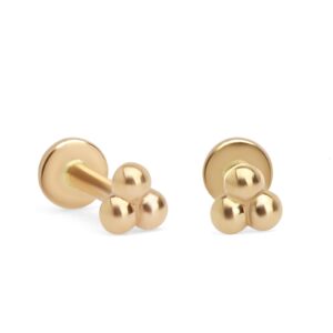 3 ball trinity stud earring for women and men in 14k solid yellow gold, hypoallergenic, comfy flat backed earring for sensitive ears, new piercings (single piece)