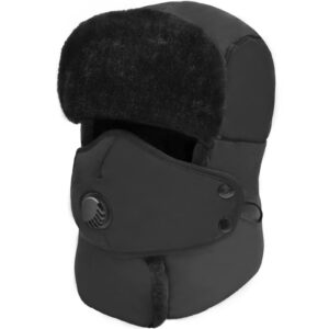 winter trapper hat for men & women, trooper hunting russian fur hat with ear flap & mask ushanka aviator hat for cold weather black