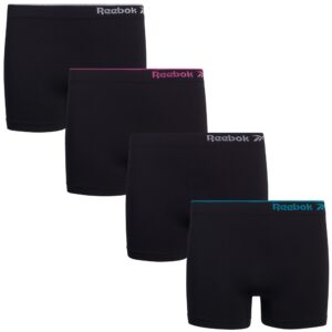 reebok girls' boyshorts underwear - 4 pack soft seamless long leg boy shorts - playground shorts for girls (6-16), size 8-10, black with tipping waistband