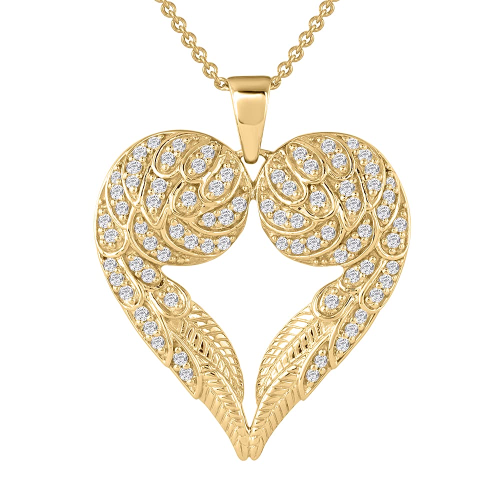 FINEROCK 18K Yellow Gold over Sterling Silver Pave Set Diamond Angel Wing Heart Necklace (1/2 Carat)