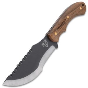 bushmaster tracker knife and leather sheath - 1095 high carbon steel blade, full-tang, sawback, wooden handle scales, brass pins, lanyard hole, use for survival and outdoor adventures - length 11 3/4”