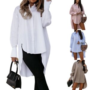 mayntop women cotton hi-low irregular button-down collar dipped hem long sleeve loose shirt solid color plain business casual oversized side slit top bff baggy blouse a white s