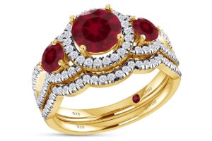 gemvio collection three stone ring, round cut lab created ruby gemstone & natural diamond halo bridal set engagement ring in 14k yellow gold over sterling silver wedding band ring-8