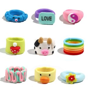 pingyongchang 9pcs colorful chunky clay ring, cute animal resin personalized colorful funny stackable finger rings jewelry gift for women teen girls