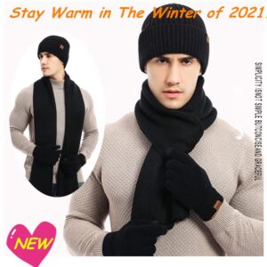 Winter Hat Scarf Glove set for Men Men's 3 Pcs Touchscreen Anti-Slip Gloves Knit Stretchy Beanie Hat and long Scarf Set (Hemp gray)