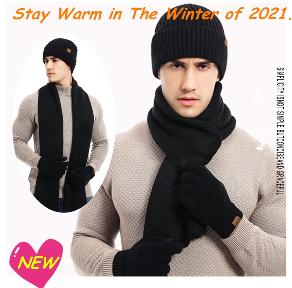 Winter Hat Scarf Glove set for Men Men's 3 Pcs Touchscreen Anti-Slip Gloves Knit Stretchy Beanie Hat and long Scarf Set (Hemp gray)