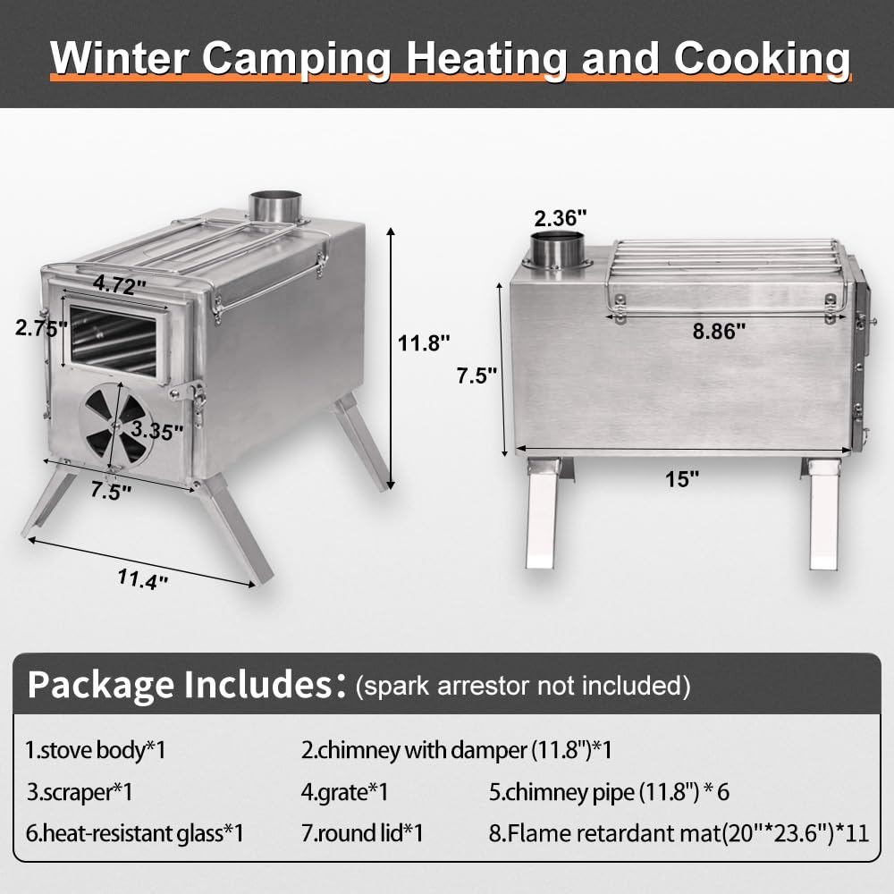 MC TOMOUNT Tent Stove Portable Wood Burning Stove 304 Stainless Steel for Camping Hunting 6feet Pipes Included