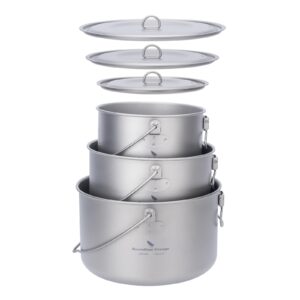 boundless voyage titanium hanging pot for outdoor camping backpacking hiking ultralight portable cooking pot camp kitchen cookware 1300ml/1950ml/2900ml (3 pcs set)