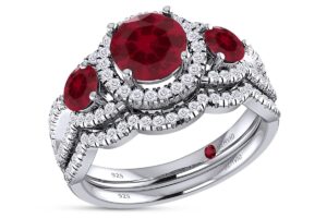 gemvio collection three stone ring, round cut lab created ruby gemstone & natural diamond halo bridal set engagement ring in 14k white gold over sterling silver wedding band ring-8