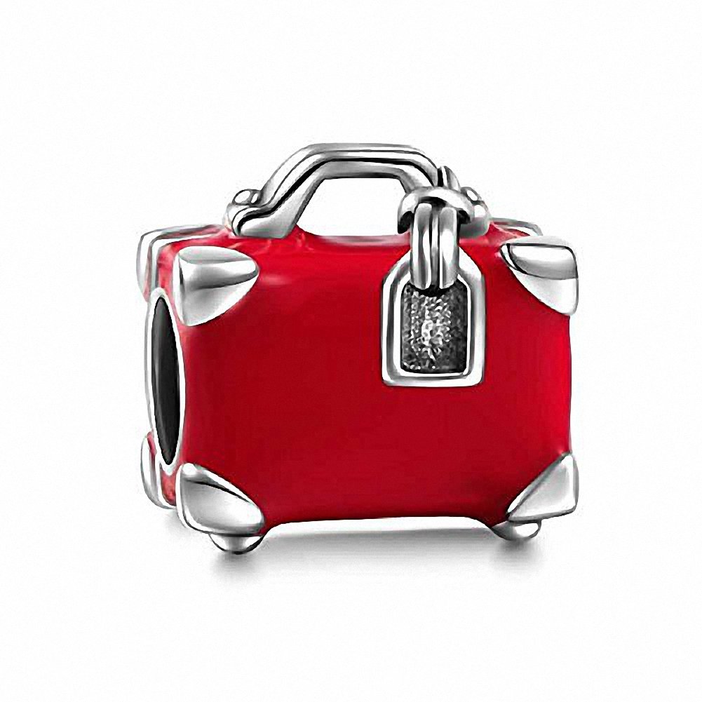 Red Suitcase Charm 925 Sterling Silver Love Travel Bead Charms for Pandora Bracelet Necklace Women Wife Mother Christmas Birthday Gift (Red Enamel Suitcase)