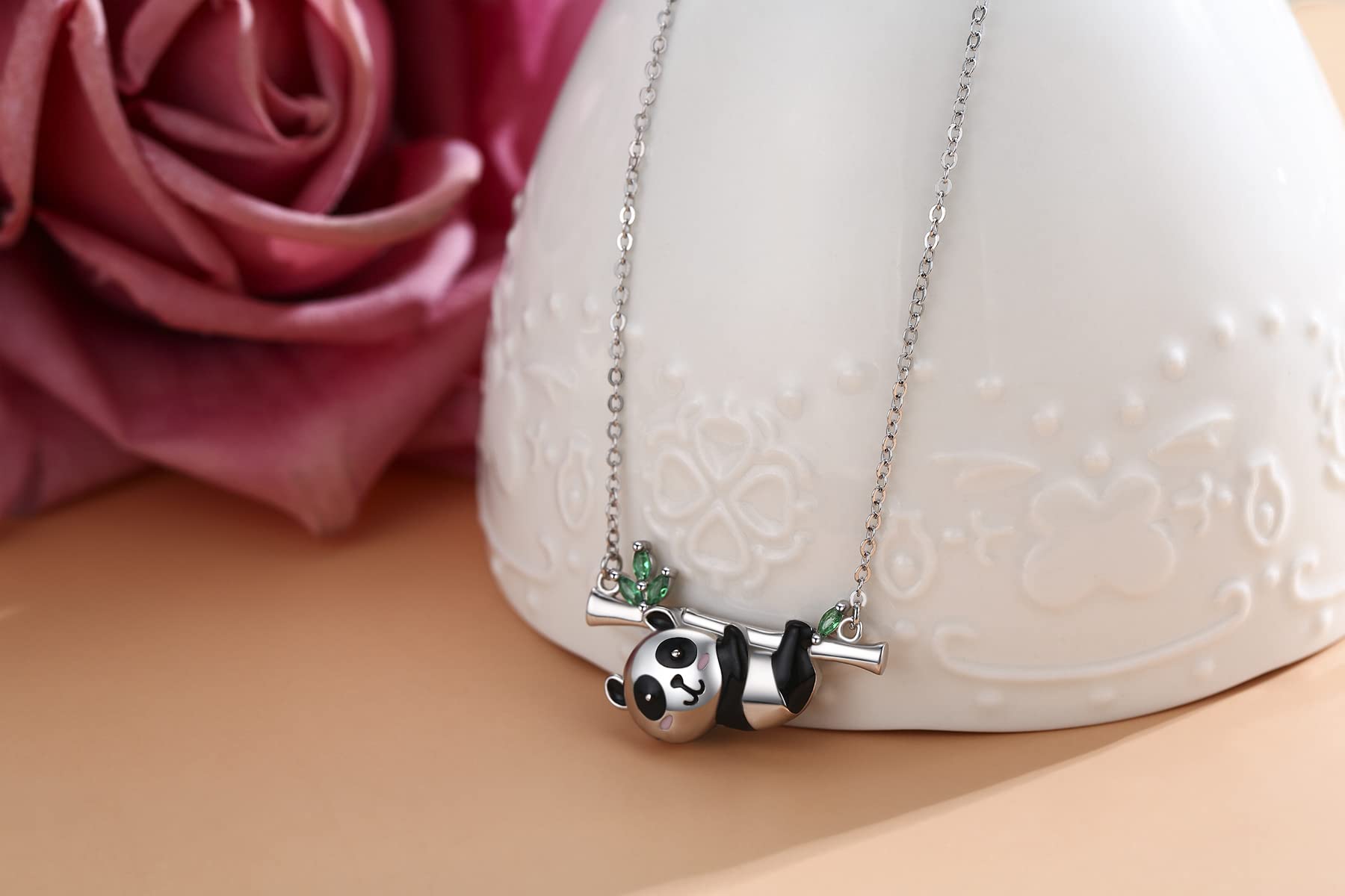 lotus & leaf Panda Necklace 925 Sterling Silver Animal Pendant Panda Gifts for Women