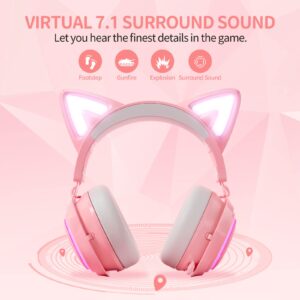 SOMIC GS510 Cat Ear Headset Wireless Gaming Headset for PS5/ PS4/ PC, Pink Headset 2.4G with Retractable Mic, 7.1 Stereo Sound, 8Hrs Playtime, RGB Lighting for Girls (Xbox Only Work in Wired Mode)