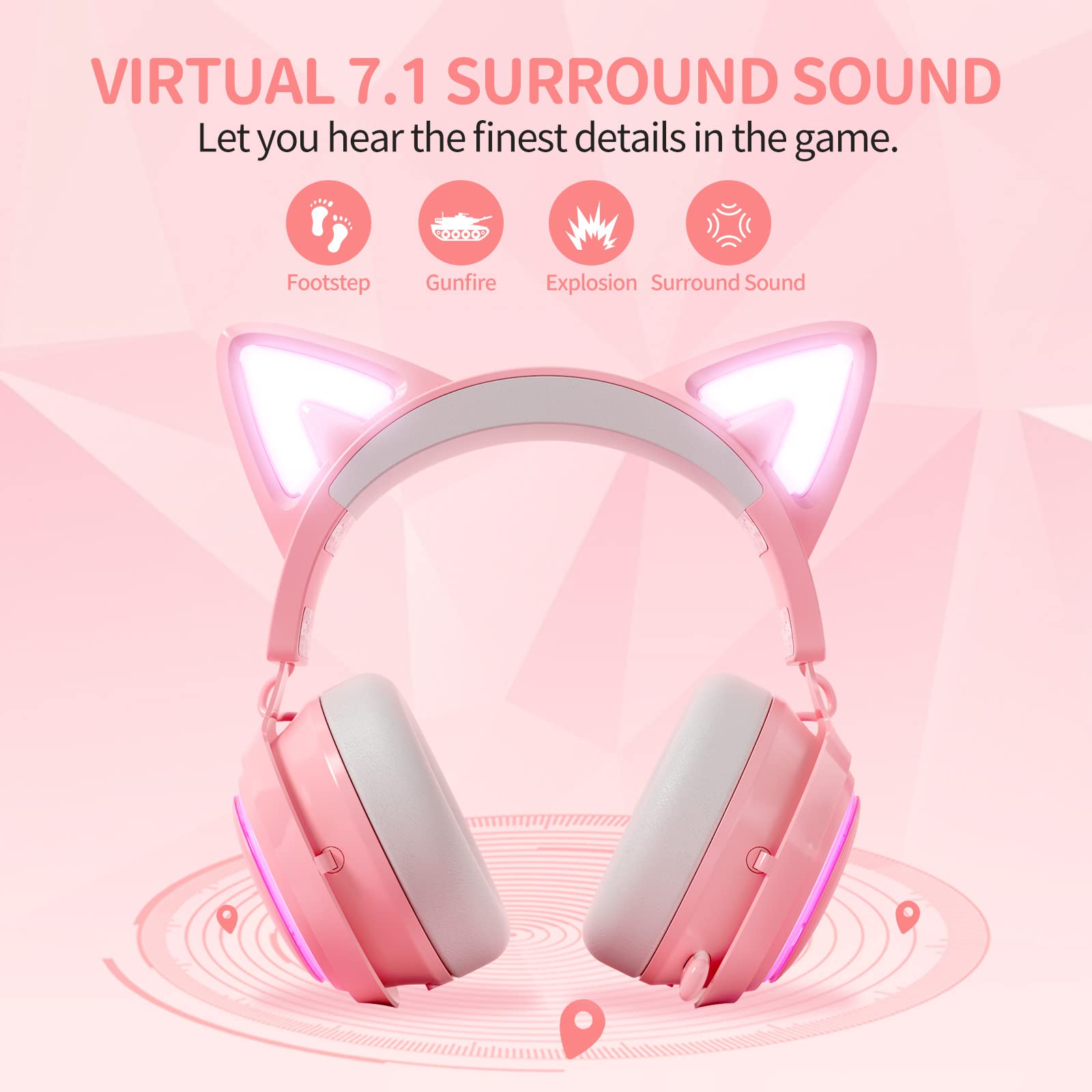 SOMIC GS510 Cat Ear Headset Wireless Gaming Headset for PS5/ PS4/ PC, Pink Headset 2.4G with Retractable Mic, 7.1 Stereo Sound, 8Hrs Playtime, RGB Lighting for Girls (Xbox Only Work in Wired Mode)