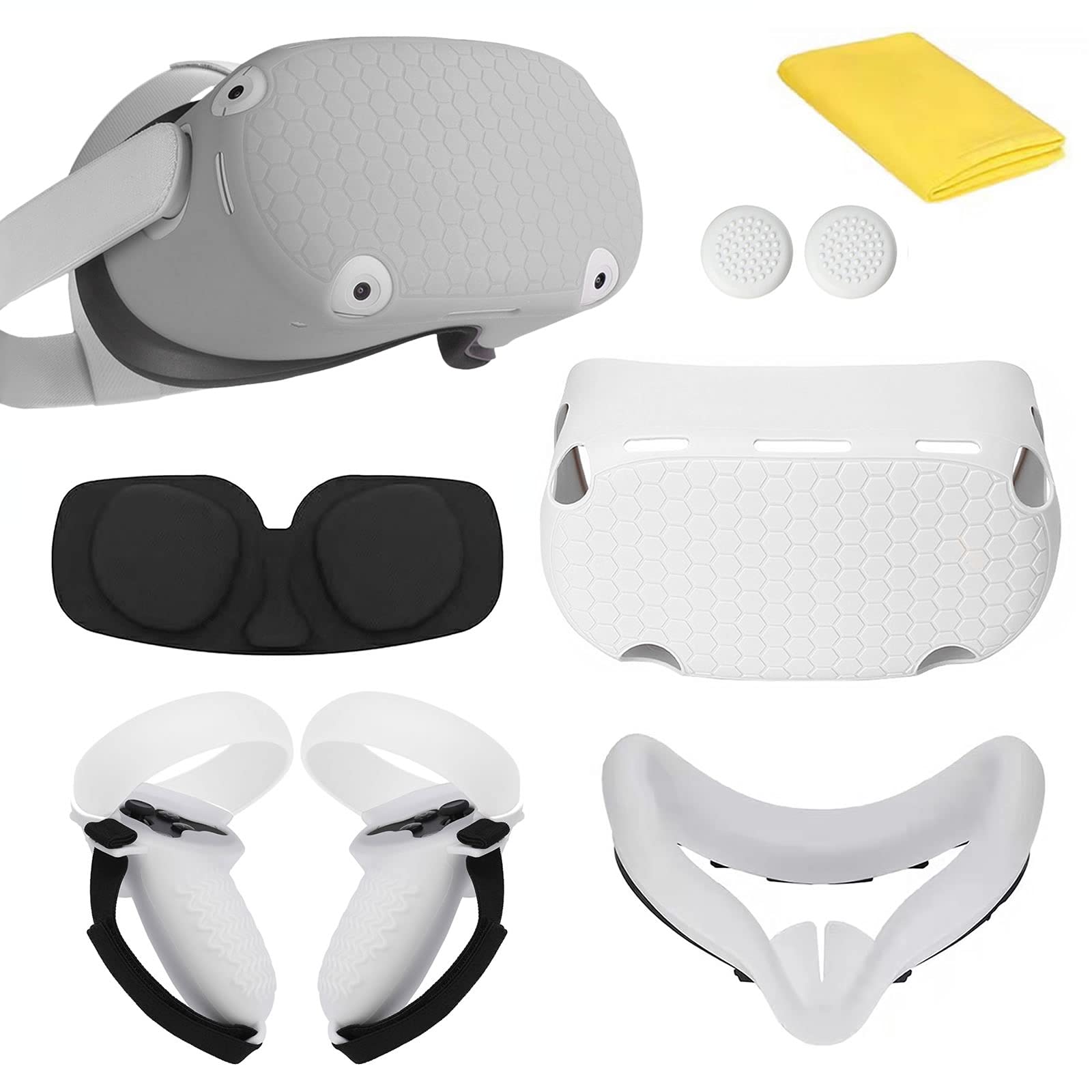 for Oculus Quest 2 Accessories Combo Set, Quest 2 VR Silicone Skin Cover and Face Cover, Quest 2 Touch Controller Grip Cover, Protective Lens Cover (White)