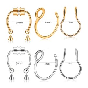 6 Pieces Fake Nose Ring Magnetic Septum Fake Nose Hoop Stainless Steel Inlaid Jewelry Horseshoe Faux Clip Nose Ring on Non-Pierced Nose Ring for Women and Men (Gold and Silver)