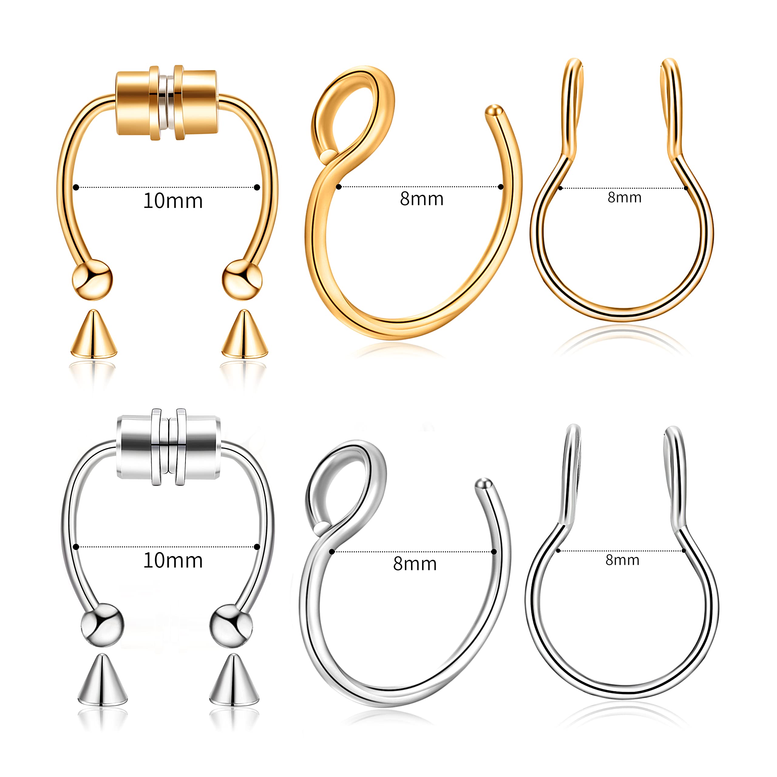 6 Pieces Fake Nose Ring Magnetic Septum Fake Nose Hoop Stainless Steel Inlaid Jewelry Horseshoe Faux Clip Nose Ring on Non-Pierced Nose Ring for Women and Men (Gold and Silver)