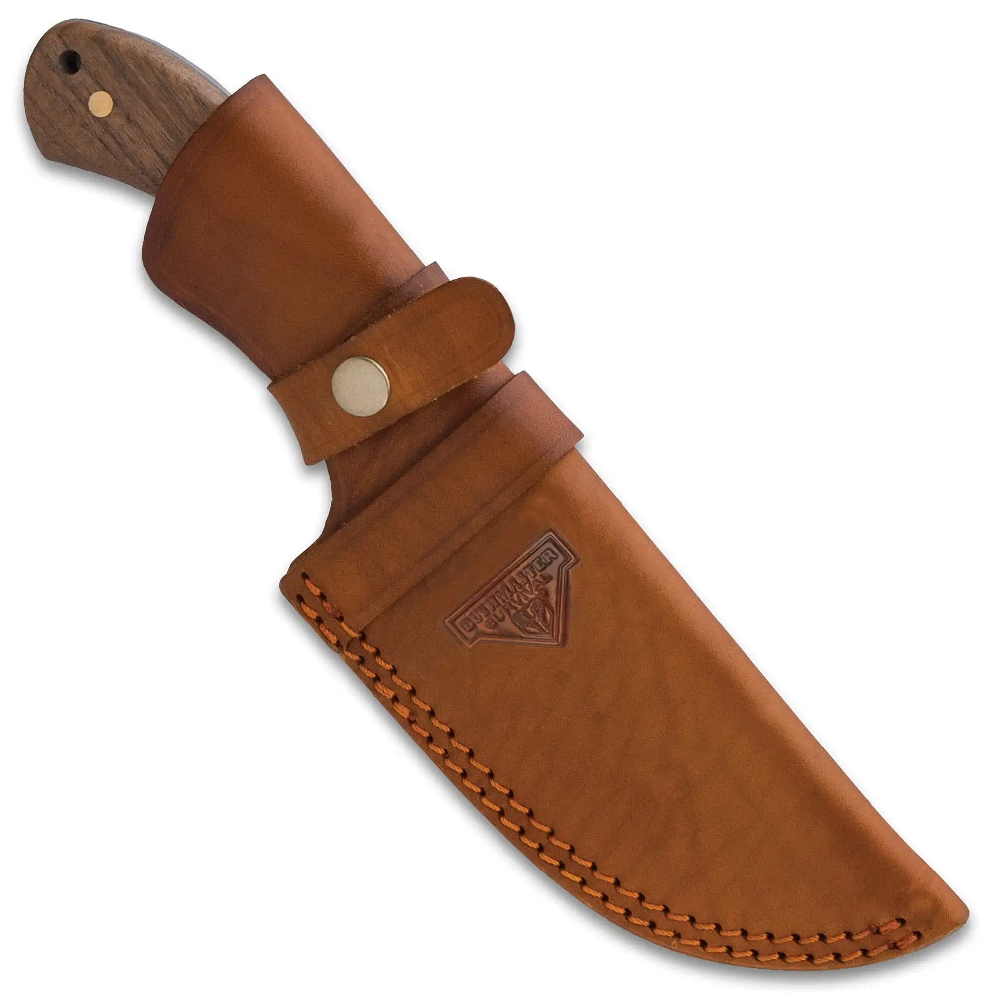 BUSHMASTER Tracker Knife and Leather Sheath - 1095 High Carbon Steel Blade, Full-Tang, Sawback, Wooden Handle Scales, Brass Pins, Lanyard Hole, Use for Survival and Outdoor Adventures - Length 11 3/4”