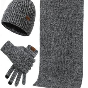 Winter Hat Scarf Glove set for Men Men's 3 Pcs Touchscreen Anti-Slip Gloves Knit Stretchy Beanie Hat and long Scarf Set (Hemp gray)