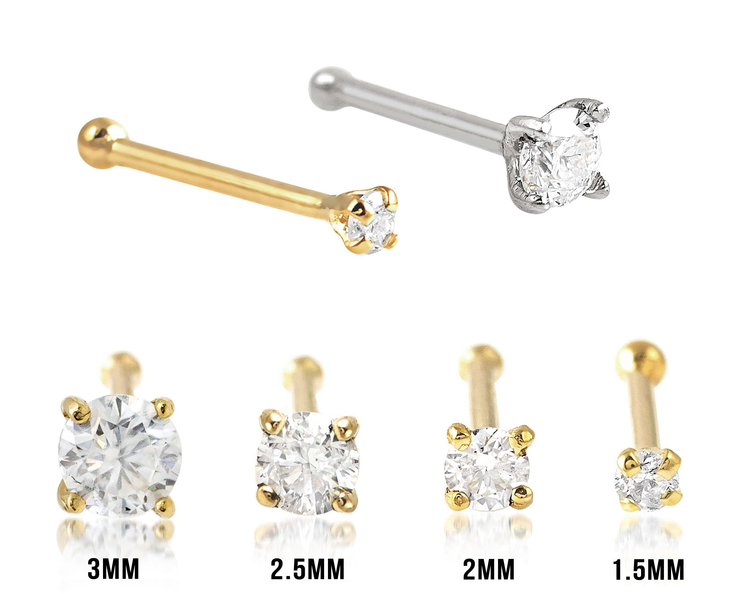 Solid 14Kt Gold Moissanite Stud Nose Ring - 22G Nose Bone Stud - Ball End Nose Ring - April Birthstone Nose Stud-NBWG-MNT3