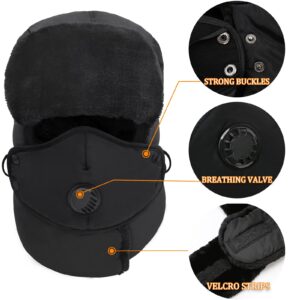 Winter Trapper Hat for Men & Women, Trooper Hunting Russian Fur Hat with Ear Flap & Mask Ushanka Aviator Hat for Cold Weather Black