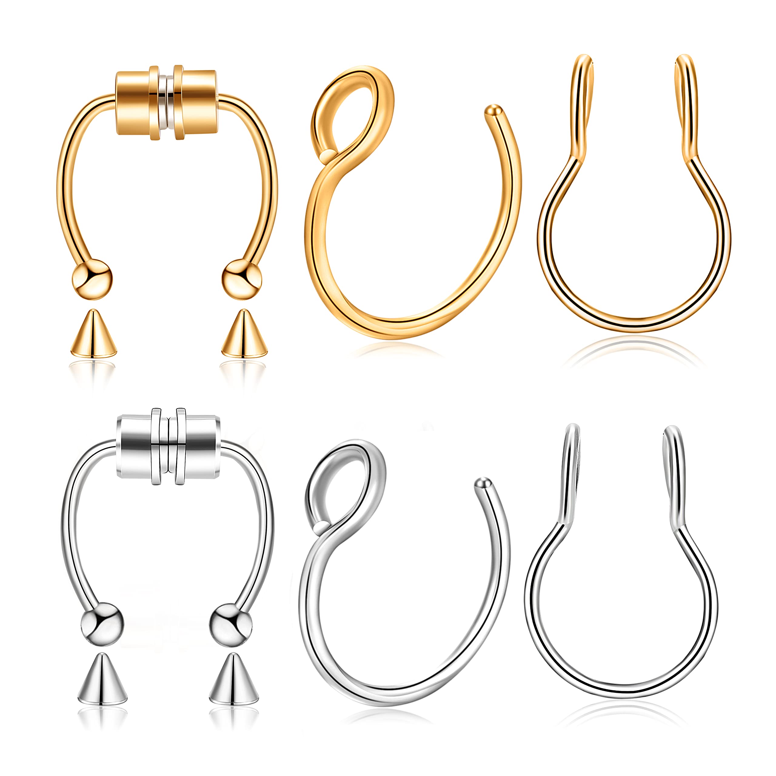 6 Pieces Fake Nose Ring Magnetic Septum Fake Nose Hoop Stainless Steel Inlaid Jewelry Horseshoe Faux Clip Nose Ring on Non-Pierced Nose Ring for Women and Men (Gold and Silver)