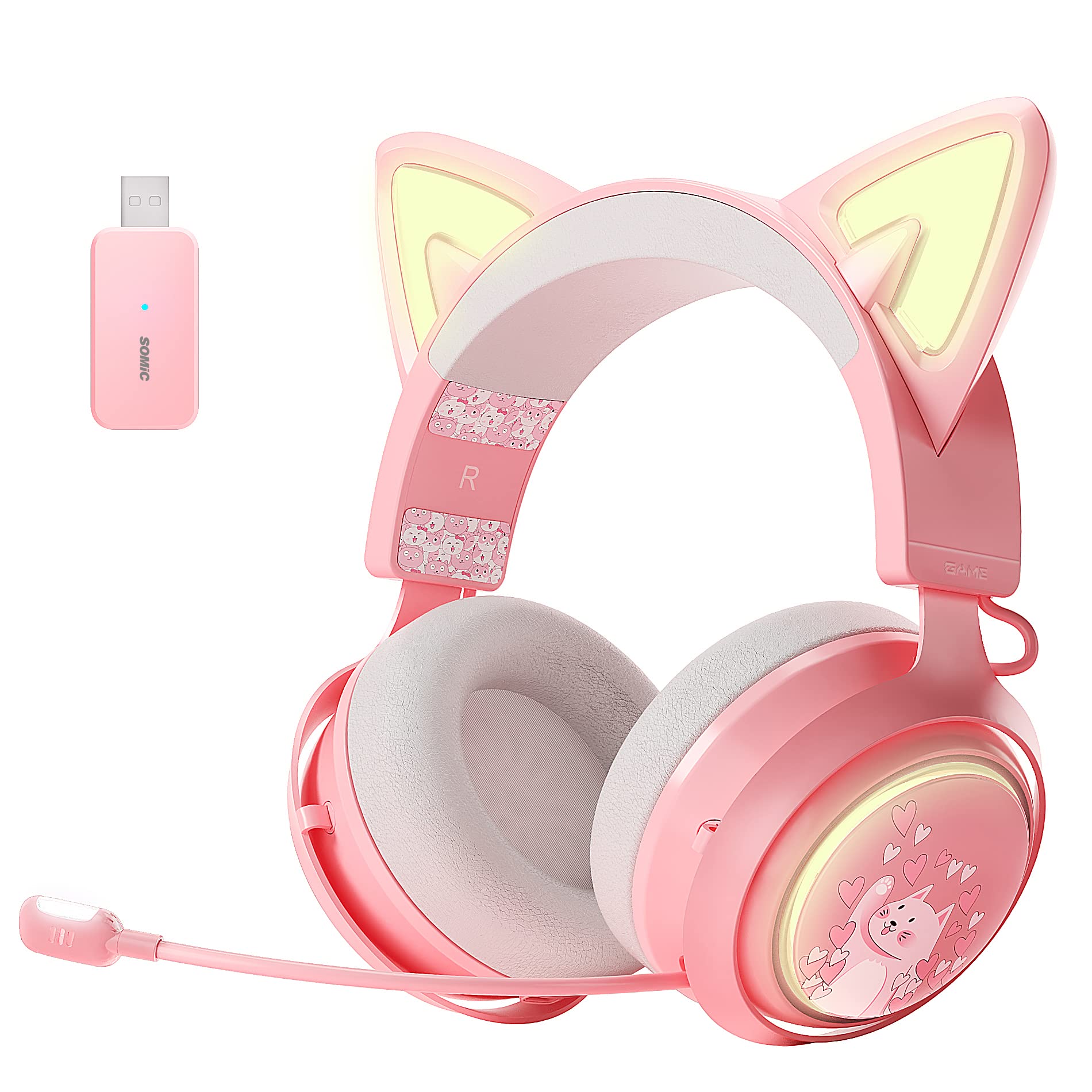 SOMIC GS510 Cat Ear Headset Wireless Gaming Headset for PS5/ PS4/ PC, Pink Headset 2.4G with Retractable Mic, 7.1 Stereo Sound, 8Hrs Playtime, RGB Lighting for Girls (Xbox Only Work in Wired Mode)