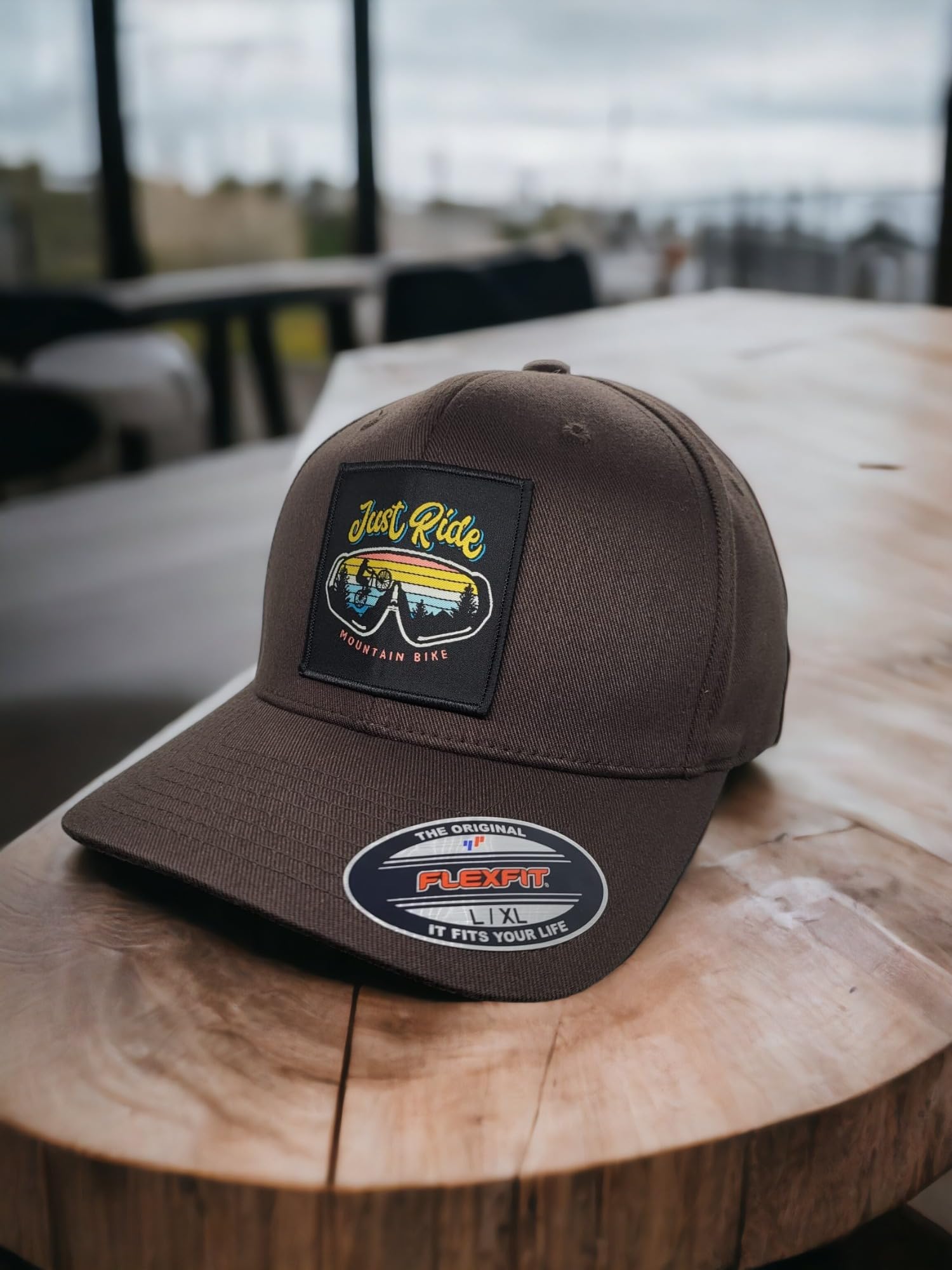 Fitted Hat - Mountain Bike Flexfit Hat with Just Ride Woven Patch (Brown, L/XL)