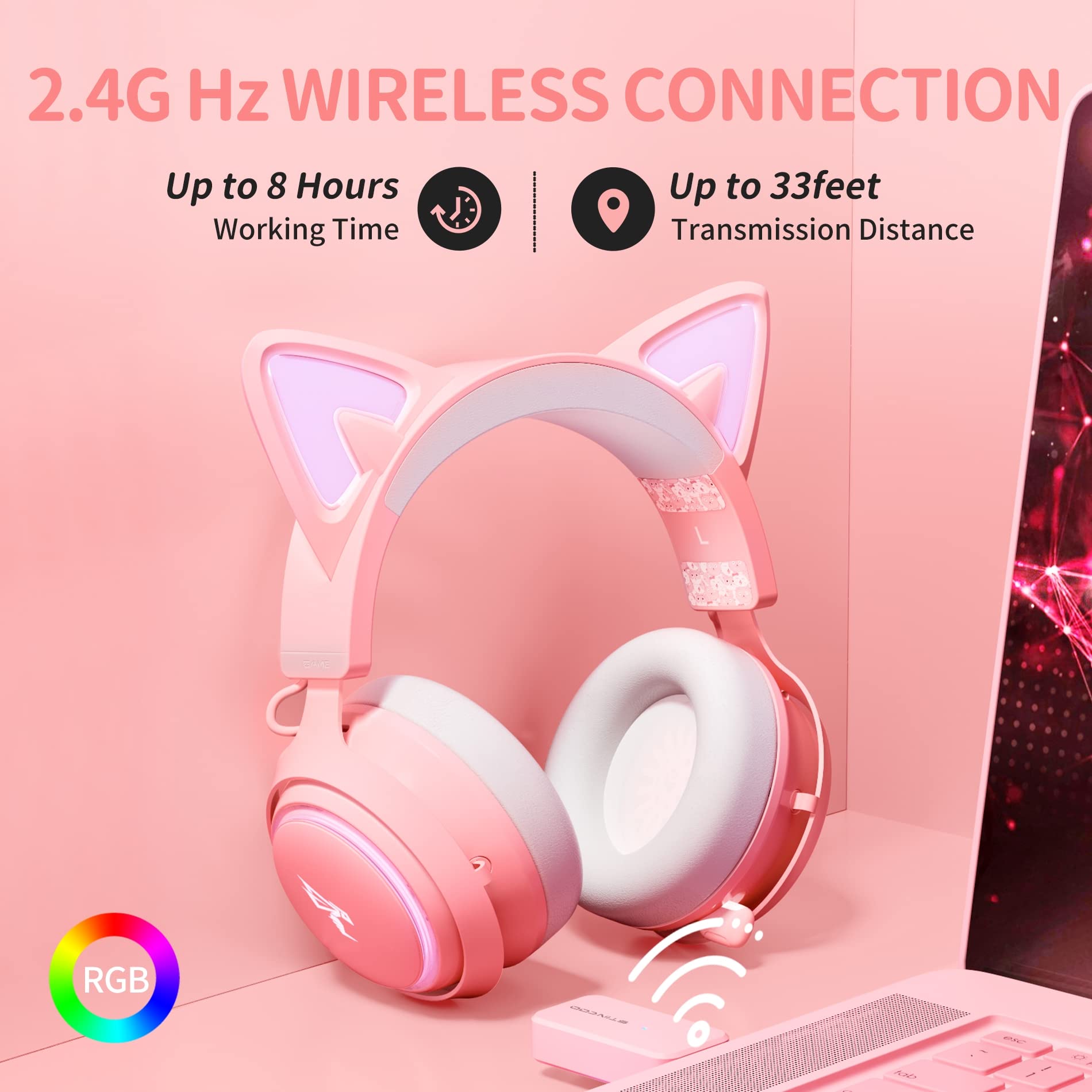 SOMIC GS510 Cat Ear Headset Wireless Gaming Headset for PS5/ PS4/ PC, Pink Headset 2.4G with Retractable Mic, 7.1 Stereo Sound, 8Hrs Playtime, RGB Lighting for Girls (Xbox Only Work in Wired Mode)