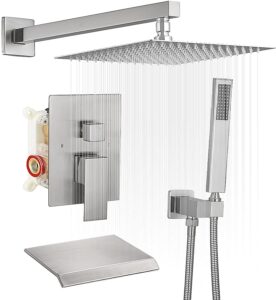 bwe 12 inch shower system brushed nickel waterfall faucet tub complete with spout set square luxury rain mixer pressure balancing 3-function wall mount rainfall rough-in valve body and trim included