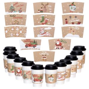 hmxpls 24 packs christmas santa coffee cups sleeves, disposable hot chocolate cocoa cup sleeves for 12oz 16oz hot drinks & cold beverage, holiday snowman xmas cups thicken paper sleeves, 12 designs