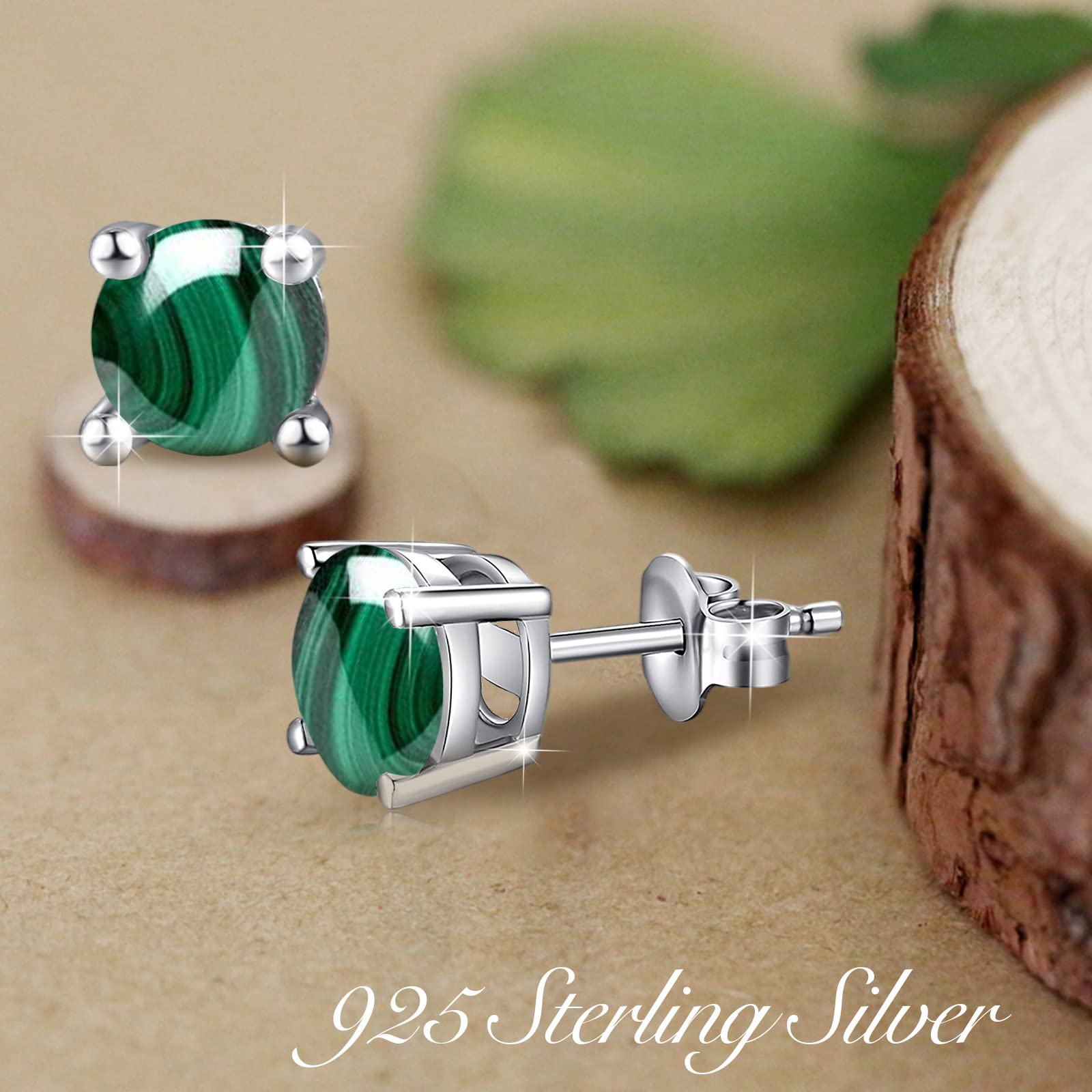 Malachite Earrings Sterling Silver Malachite Stud Earrings 6mm Round Mallache Earrings Peacock Stone Jewelry Gifts for Women Daughter