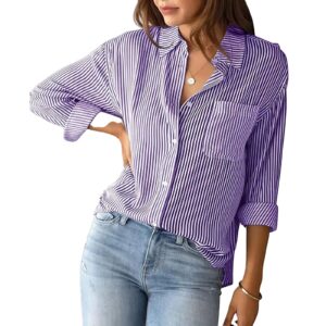 mayntop women button-down collar pinstripe vertical stripe long sleeve pocket loose shirt business casual top ol office lady work blouse a purple xl