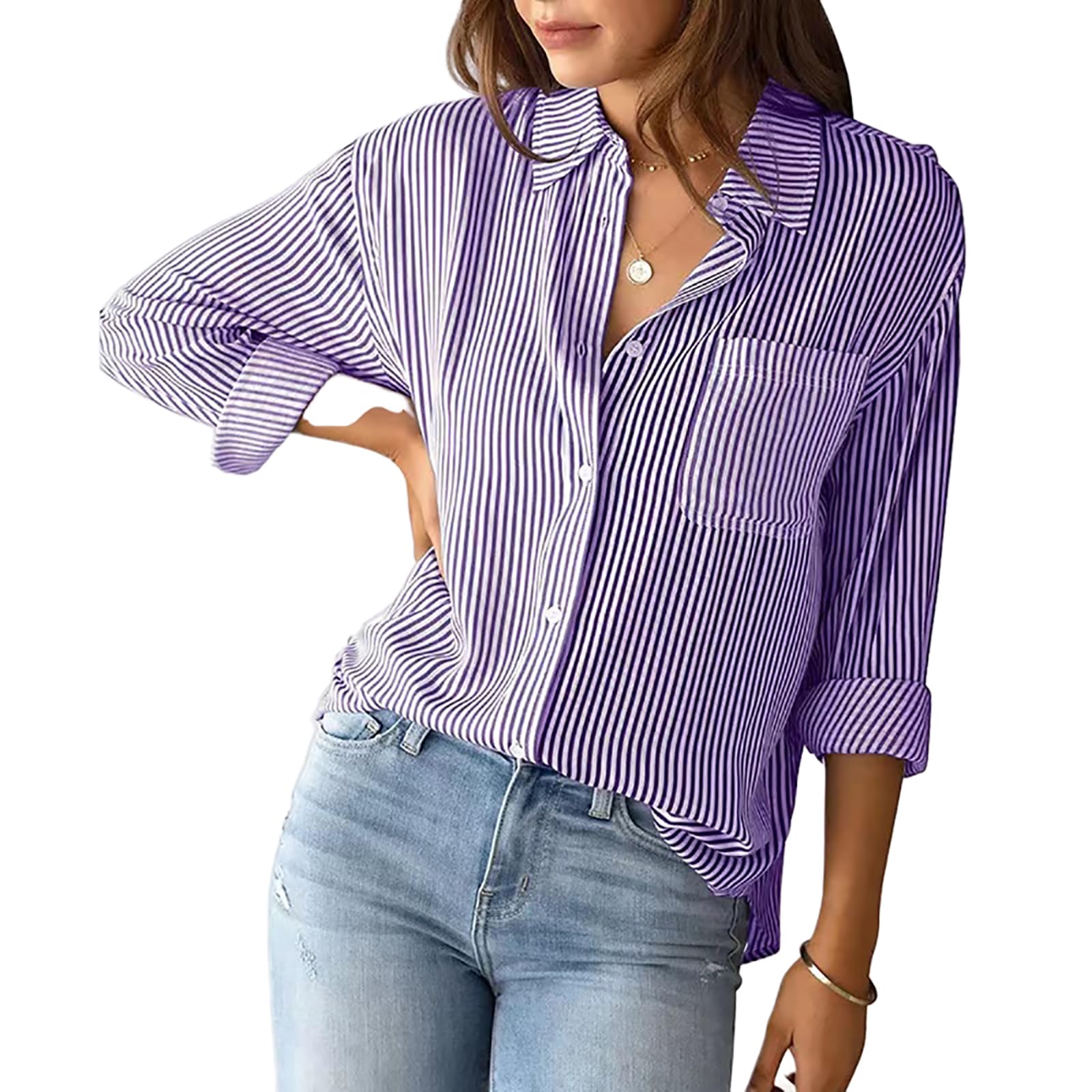 Mayntop Women Button-Down Collar Pinstripe Vertical Stripe Long Sleeve Pocket Loose Shirt Business Casual Top OL Office Lady Work Blouse A Purple XL