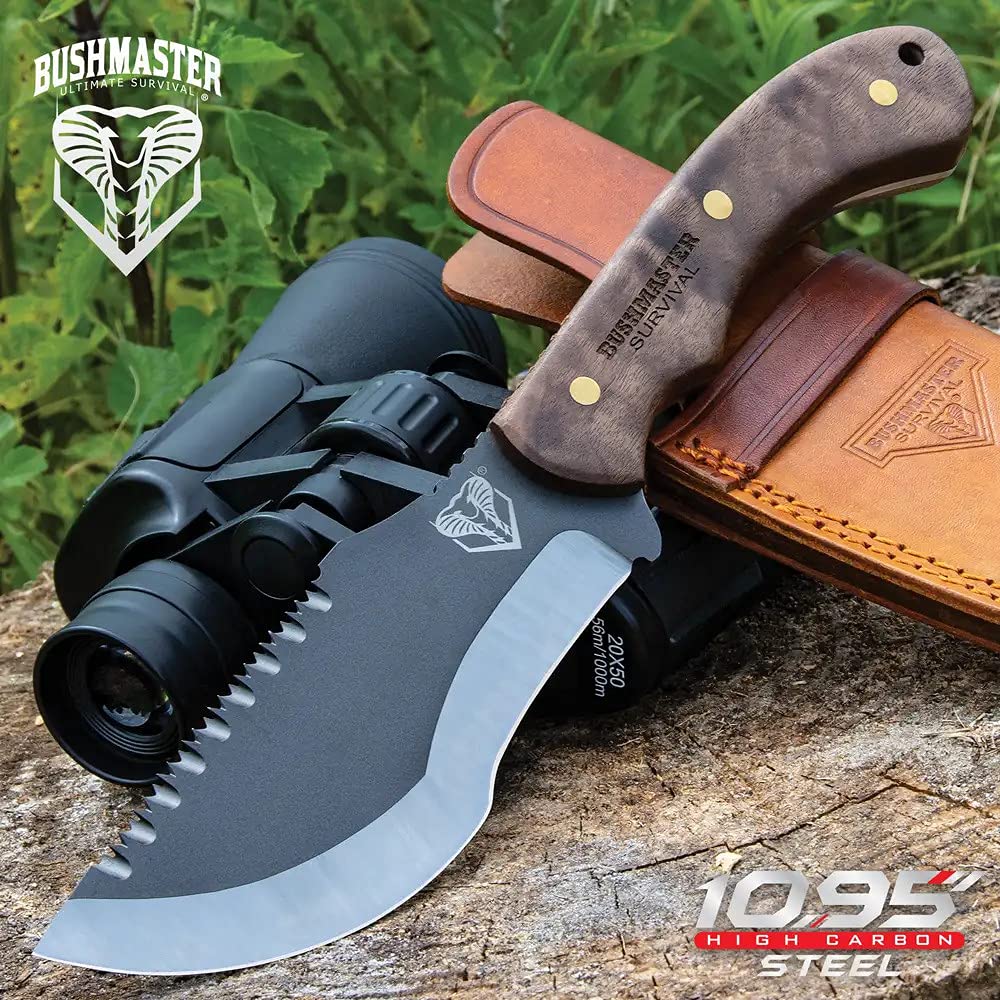 BUSHMASTER Tracker Knife and Leather Sheath - 1095 High Carbon Steel Blade, Full-Tang, Sawback, Wooden Handle Scales, Brass Pins, Lanyard Hole, Use for Survival and Outdoor Adventures - Length 11 3/4”