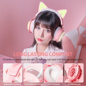 SOMIC GS510 Cat Ear Headset Wireless Gaming Headset for PS5/ PS4/ PC, Pink Headset 2.4G with Retractable Mic, 7.1 Stereo Sound, 8Hrs Playtime, RGB Lighting for Girls (Xbox Only Work in Wired Mode)