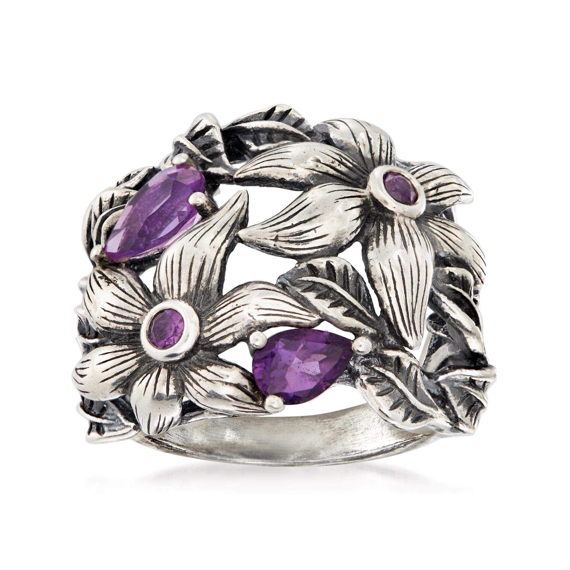 Ross-Simons 1.50 ct. t.w. Amethyst Openwork Flower Ring in Sterling Silver. Size 8