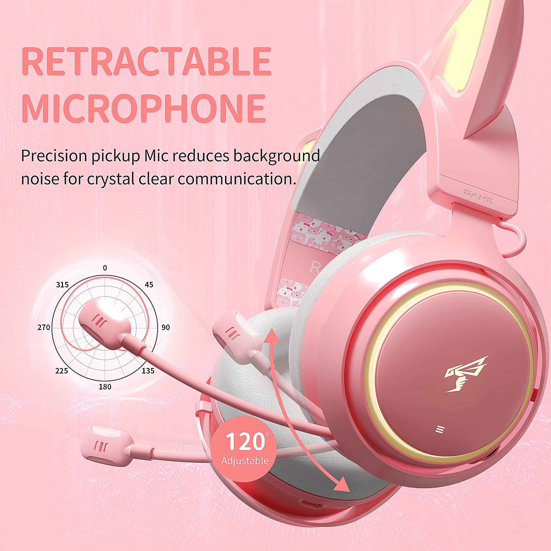 SOMIC GS510 Cat Ear Headset Wireless Gaming Headset for PS5/ PS4/ PC, Pink Headset 2.4G with Retractable Mic, 7.1 Stereo Sound, 8Hrs Playtime, RGB Lighting for Girls (Xbox Only Work in Wired Mode)