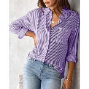 Mayntop Women Button-Down Collar Pinstripe Vertical Stripe Long Sleeve Pocket Loose Shirt Business Casual Top OL Office Lady Work Blouse A Purple XL