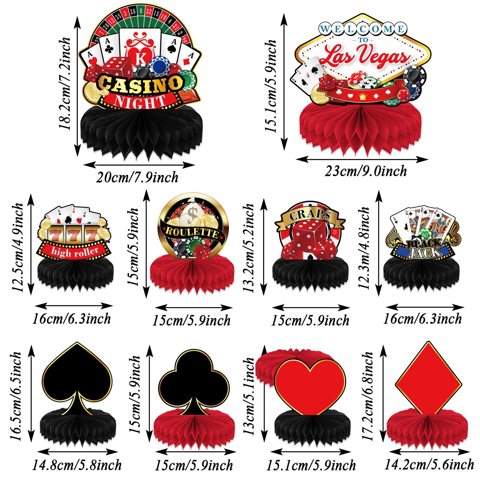 10 Pieces Las Vegas Party Decorations Casino Themed Centerpieces for Tables Decorations 3D Casino Theme Honeycomb Table Topper for Casino Night Birthday Baby Shower Party Supplies