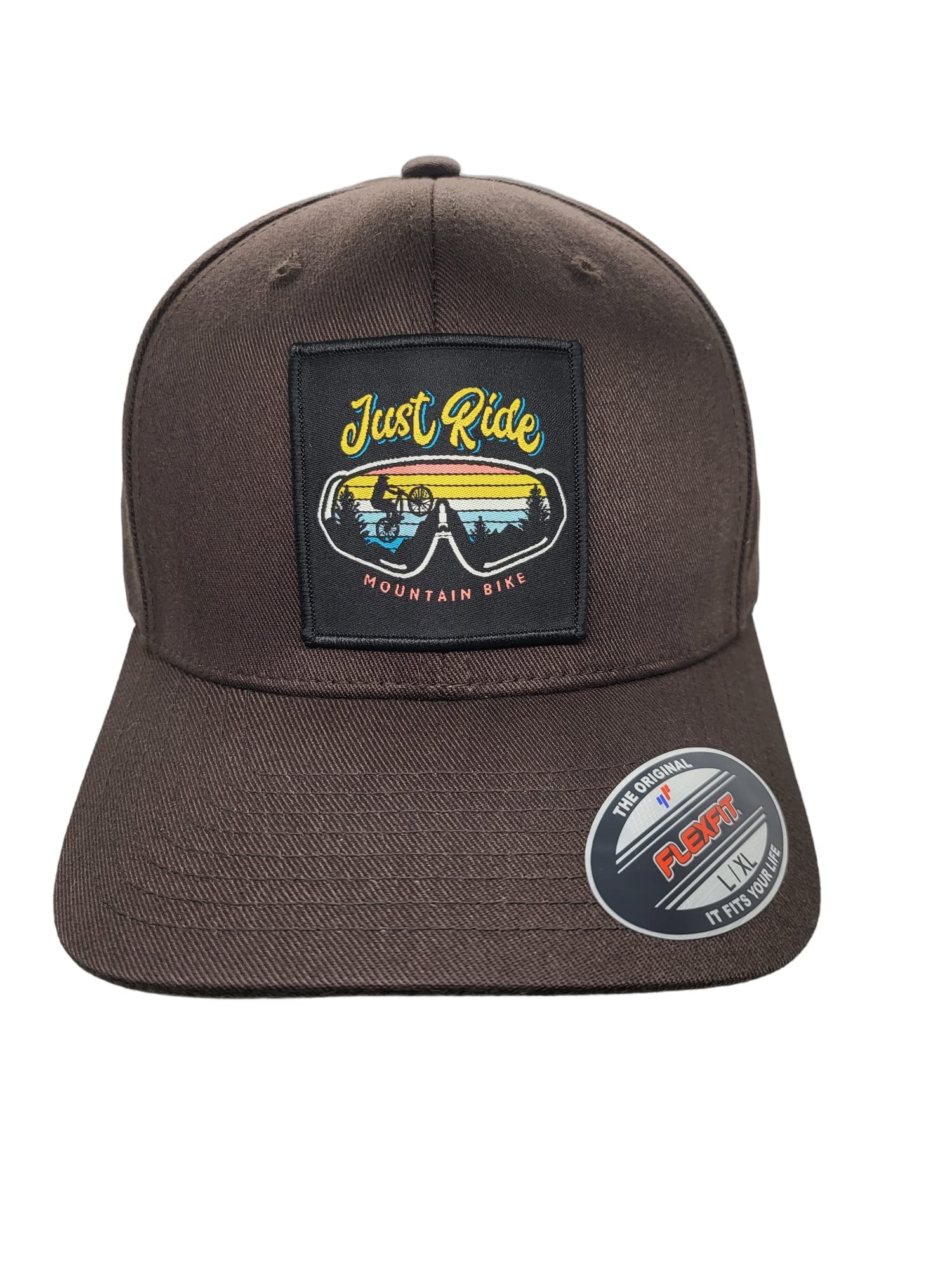 Fitted Hat - Mountain Bike Flexfit Hat with Just Ride Woven Patch (Brown, L/XL)