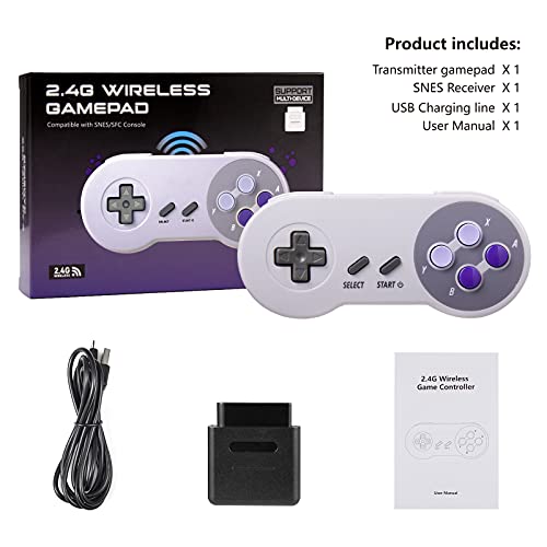 2 Pack 2.4GHz Wireless Controller for SNES Original Console, kiwitatá Rechargeable Remote Wireless Gamepad Controller for SNES Super Entertainment System Console-7 Pin Connector