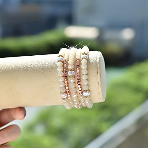 V-MORO Beaded Bracelet Compatible with 41mm/40mm Series 7/6 Apple Watch Bands Natural Pearl Beads Handmade Elastic Stretch Strap for iWatch Series SE/5/4/3/2/1(38/40/41mm,Cream)for 5.5"-6.3"wrist