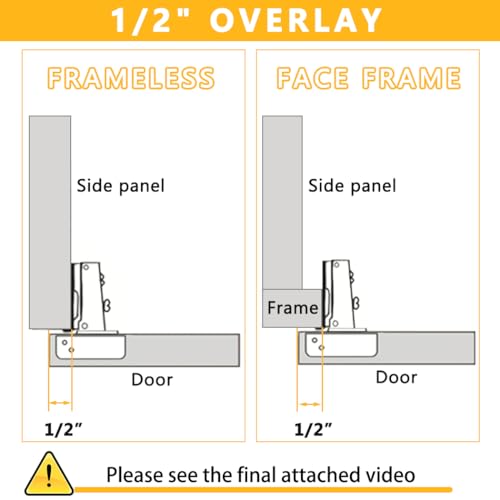 60 Pack Soft Close Cabinet Door Hinges for 1/2" Partial Overlay Cupboard, 100 Degree Opening Angel, Stainless Concealed Kitchen Cabinet Hinges with Mounting Screws and Manual