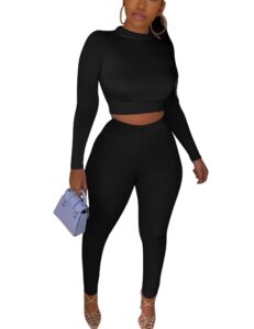 kaximil women's workout tracksuit 2 piece outfits long sleeve crop top high waist legging pants set, x-large, black