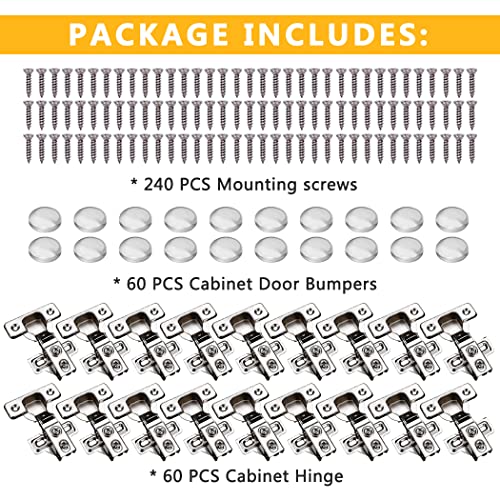 60 Pack Soft Close Cabinet Door Hinges for 1/2" Partial Overlay Cupboard, 100 Degree Opening Angel, Stainless Concealed Kitchen Cabinet Hinges with Mounting Screws and Manual