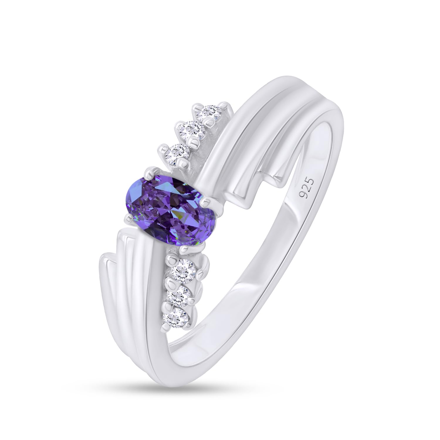 AFFY 6X4MM Oval Shape Simulated Amethyst and Round Natural Diamond Engagement Ring in 14K White Gold Over 925 Sterling Silver Ring Size 7.5