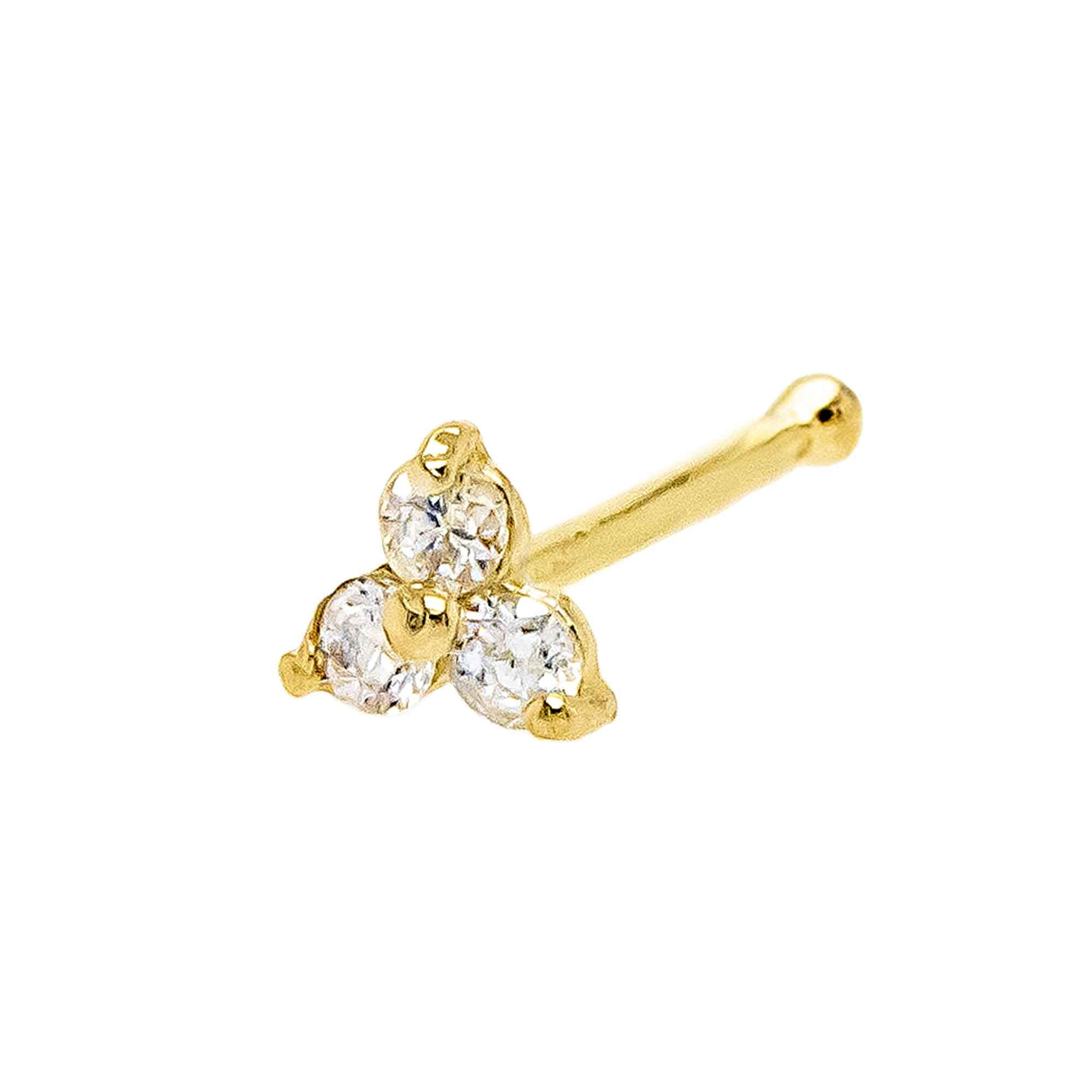 Jewelry Avalanche 3-Stone 0.030ctw Moissanite Nose Stud - 22G Solid 14Kt Yellow Gold Nose Bone Stud Nose Ring - April Birthstone Nose Stud NBYG313-MNT